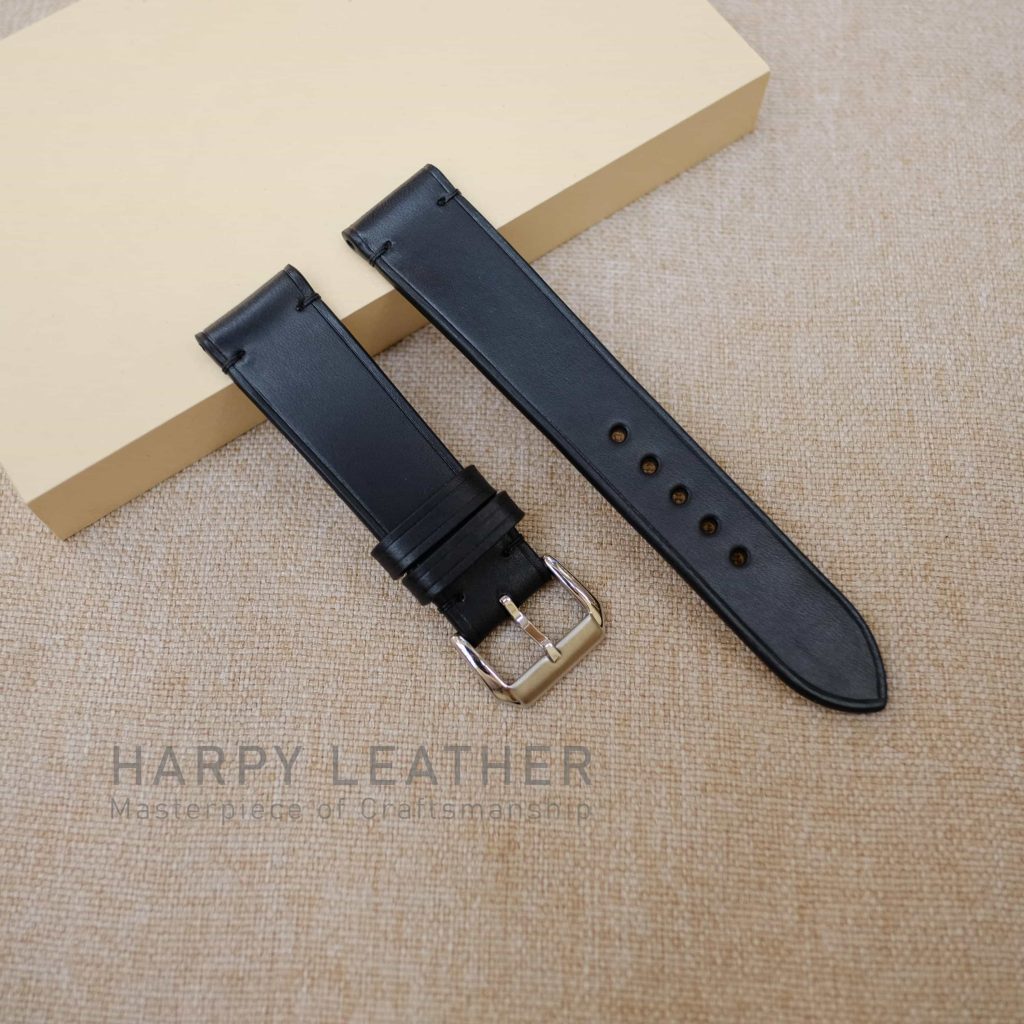 Black slim watch strap - Thin leather watch band - Handcraft