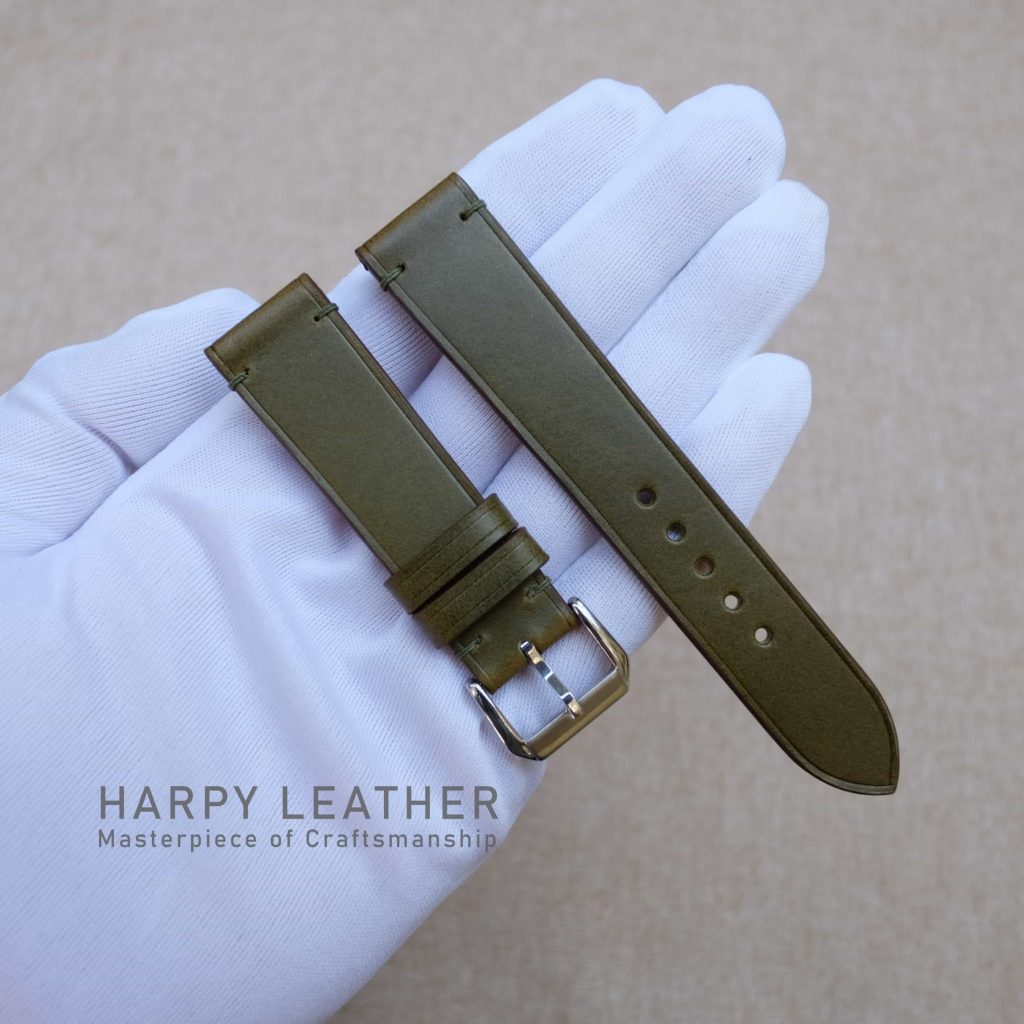 Olive slim watch strap - Thin leather watch band - Handcraft