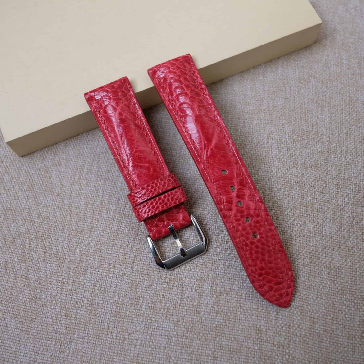 Ostrich Red Watch Strap & Bands - Hand stitched and finished