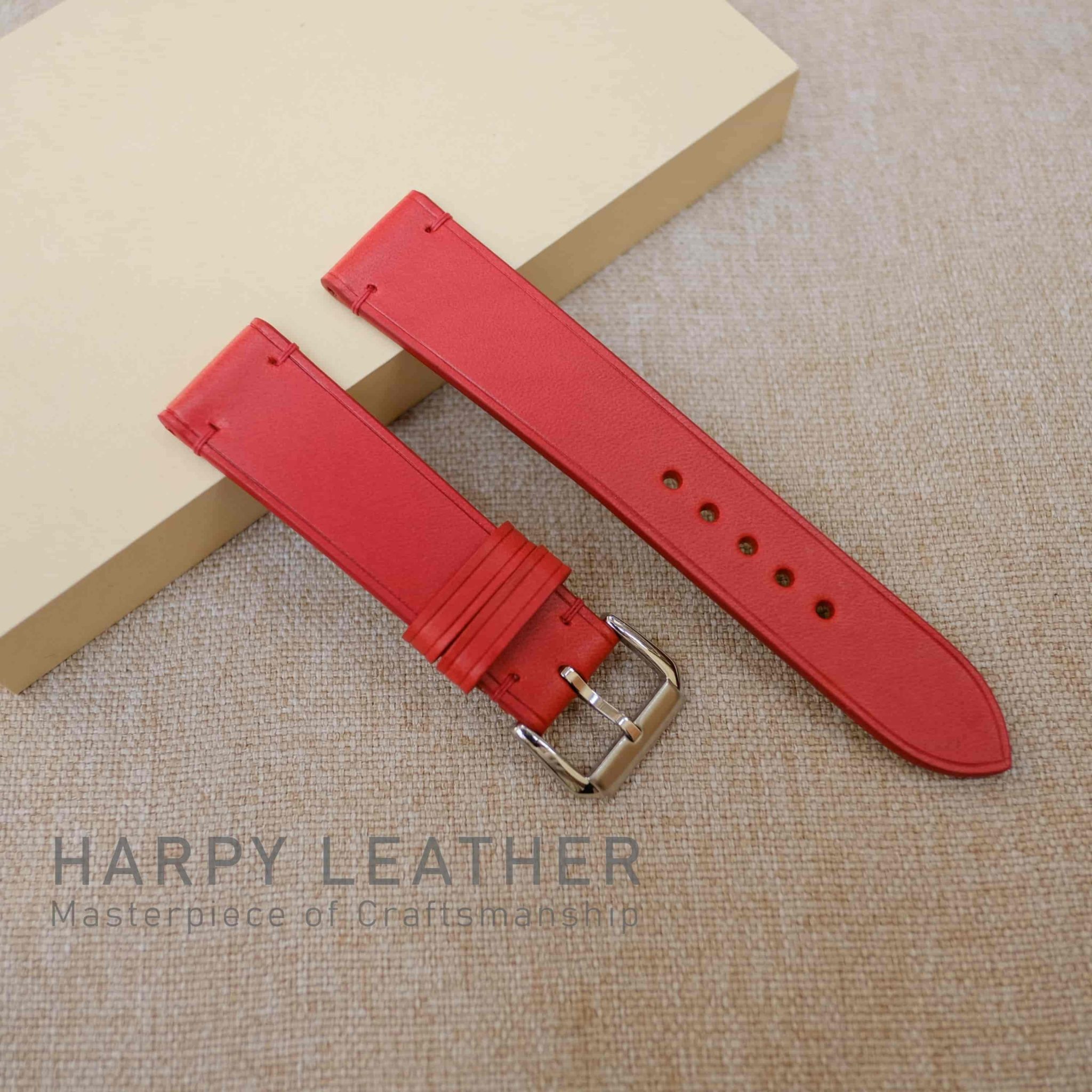 Red slim watch strap - Thin leather watch band - Handcraft